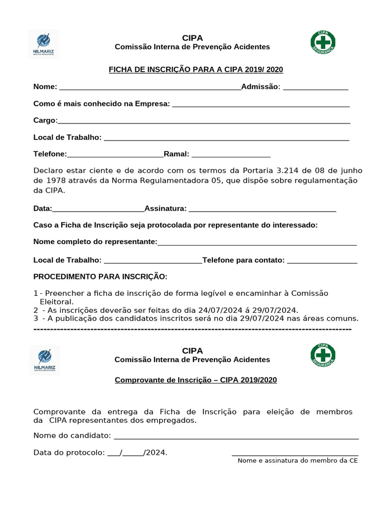 Ficha de Inscrição CIPA 2024 | PDF