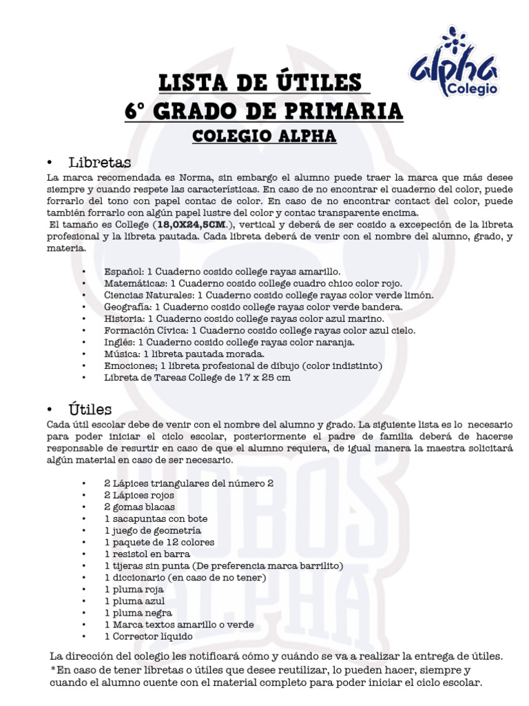Lista de útiles 6° grado primaria 2025 | PDF