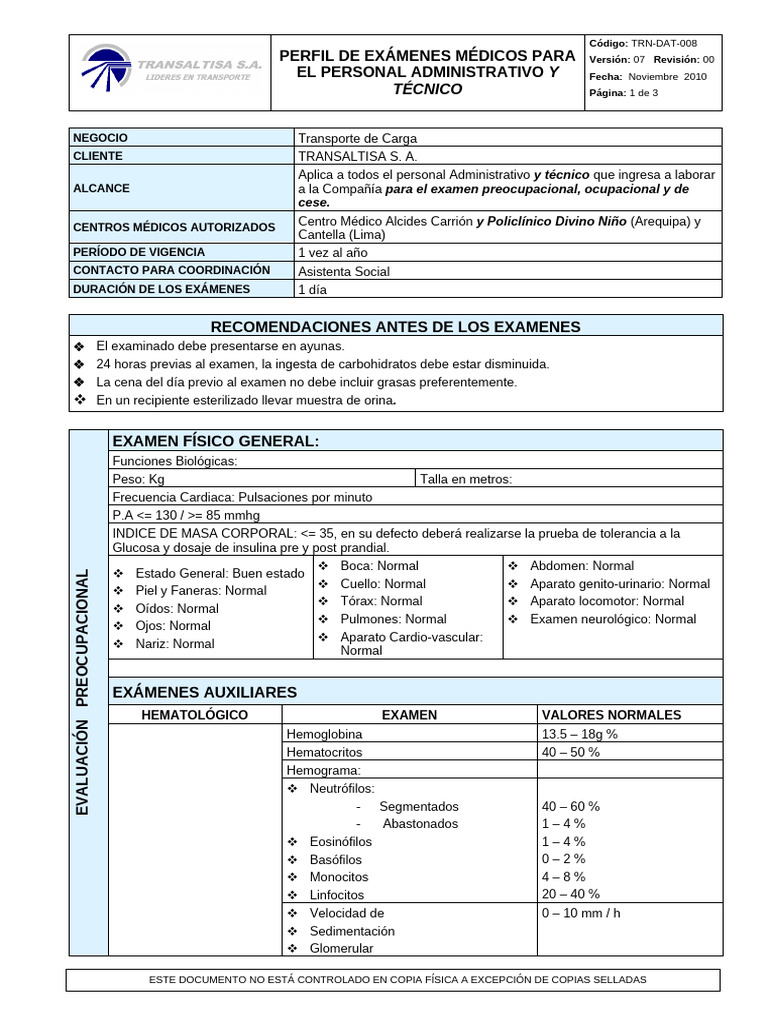 TRN-DAT-008 Perfil de Exámenes Médicos Personal Administrativo y Técnico V7 | PDF