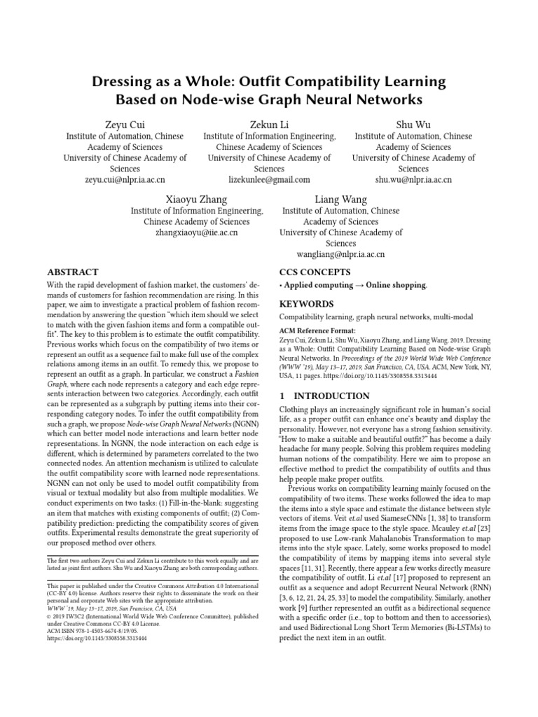 Dressing As A Whole Outfit Compatibility Learning Based On Node Wise Graph Neural Networks | PDF