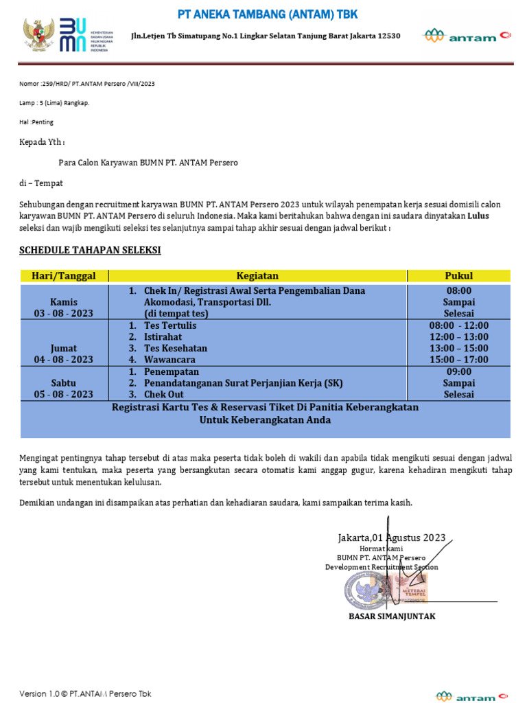 Surat Panggilan Interview PT ANTAM PERSERO TBK | PDF