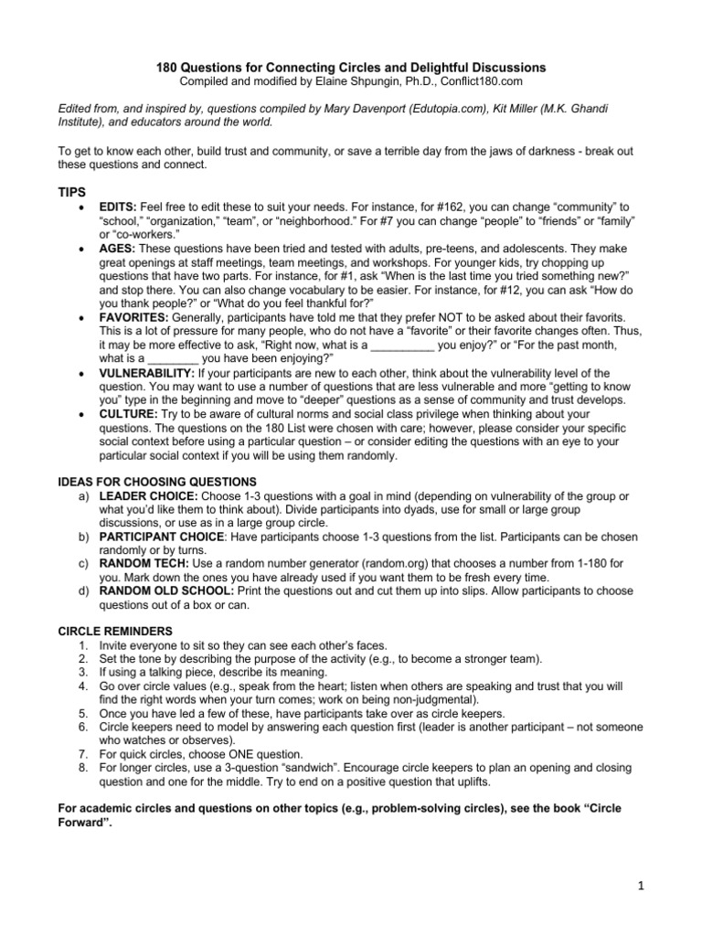 180 Circle Questions For Building Community | PDF