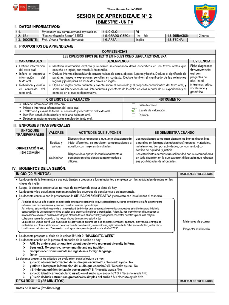 Sesion de Aprendizaje N°2 - 2024 - Ciclo Vi - Unit 0 | PDF