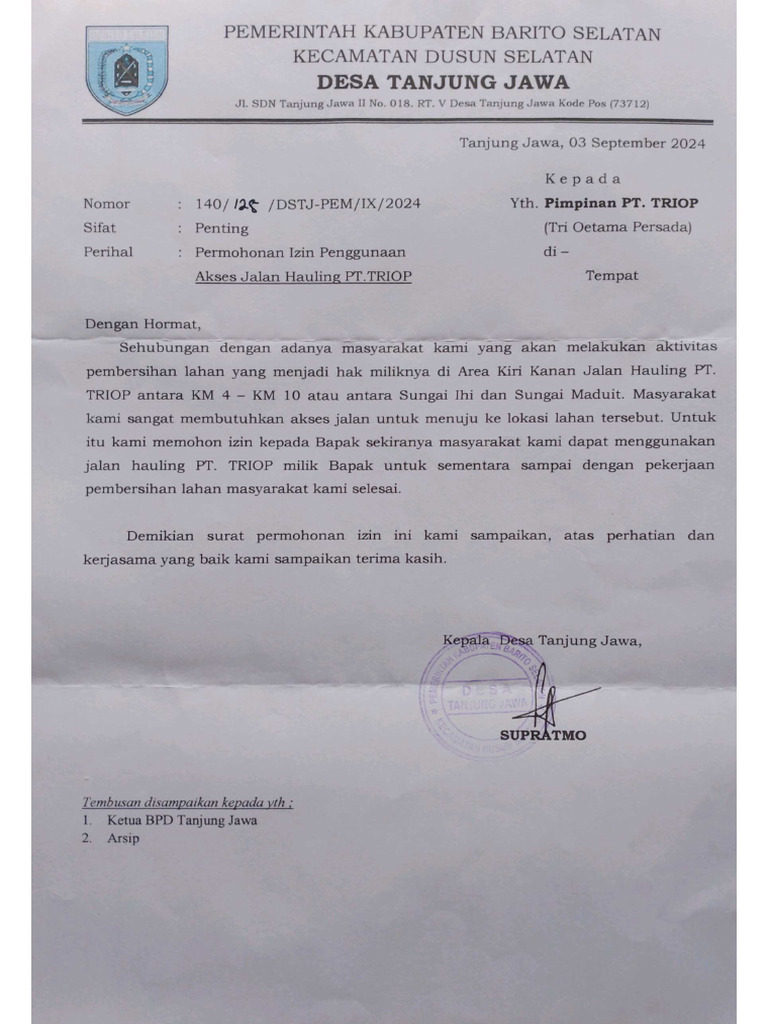 Surat Permohonan Izin Penggunaan Akses Jalan | PDF