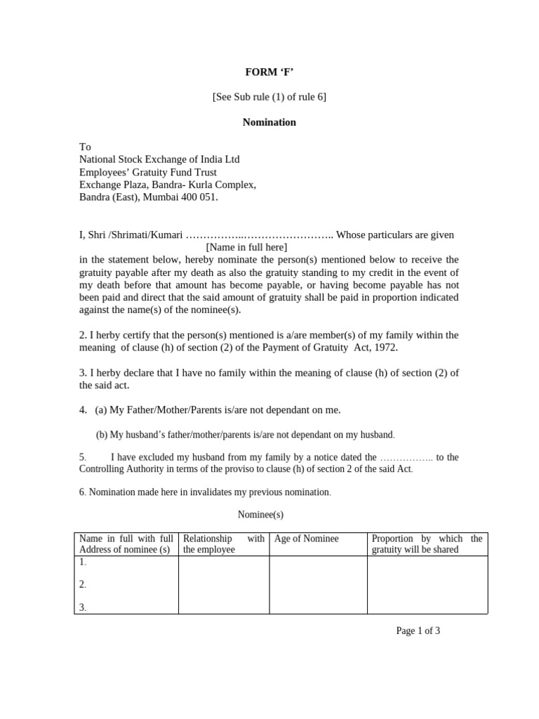 Form F - Gratuity (New Joinees) | PDF