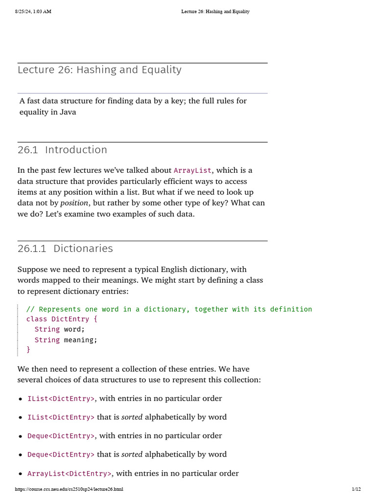 Lecture 26 - Hashing and Equality | PDF