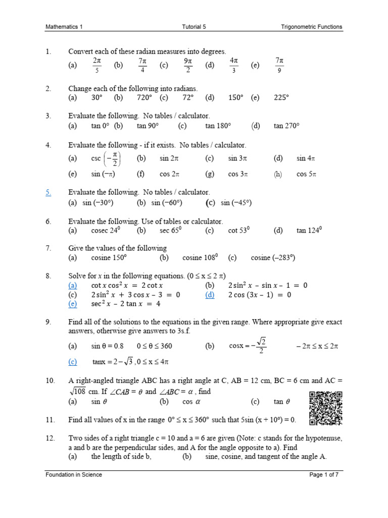 Chapter 5 - Trigonometric Function Tutorial 2024 | PDF
