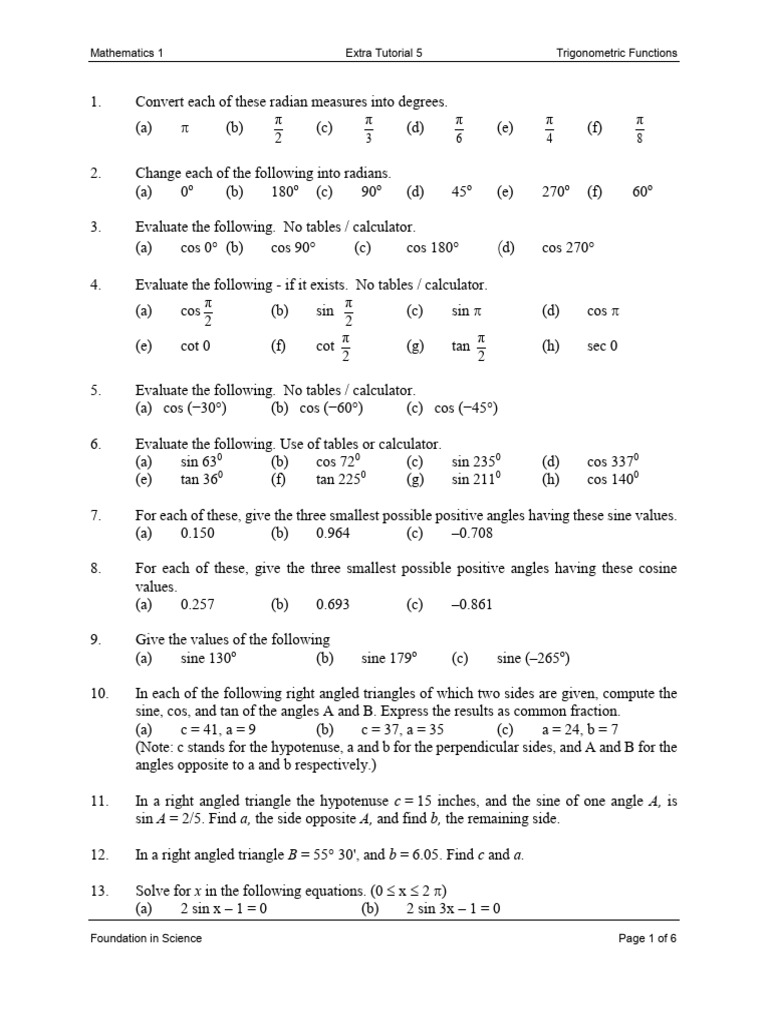 Extra Tutorial 5 - Trigonometric Functions_1 | PDF