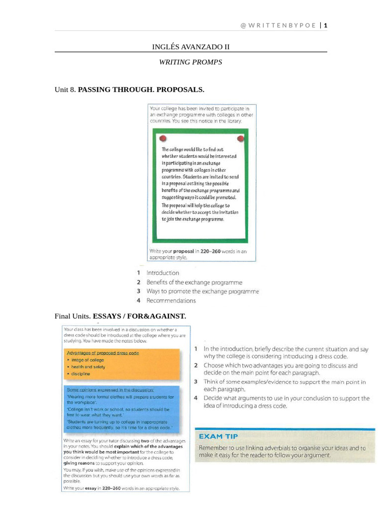 Inglés Avanzado II - Writing prompts | PDF