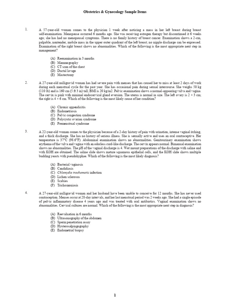Obstetrics & Gynecology Sample Items | PDF