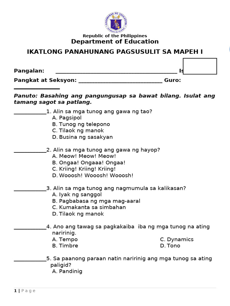 MAPEH I Third Quarter Exam Guide | PDF