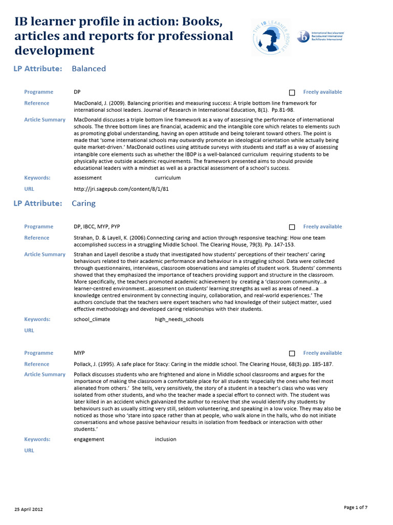 IB Learner Profile in Action Books | PDF