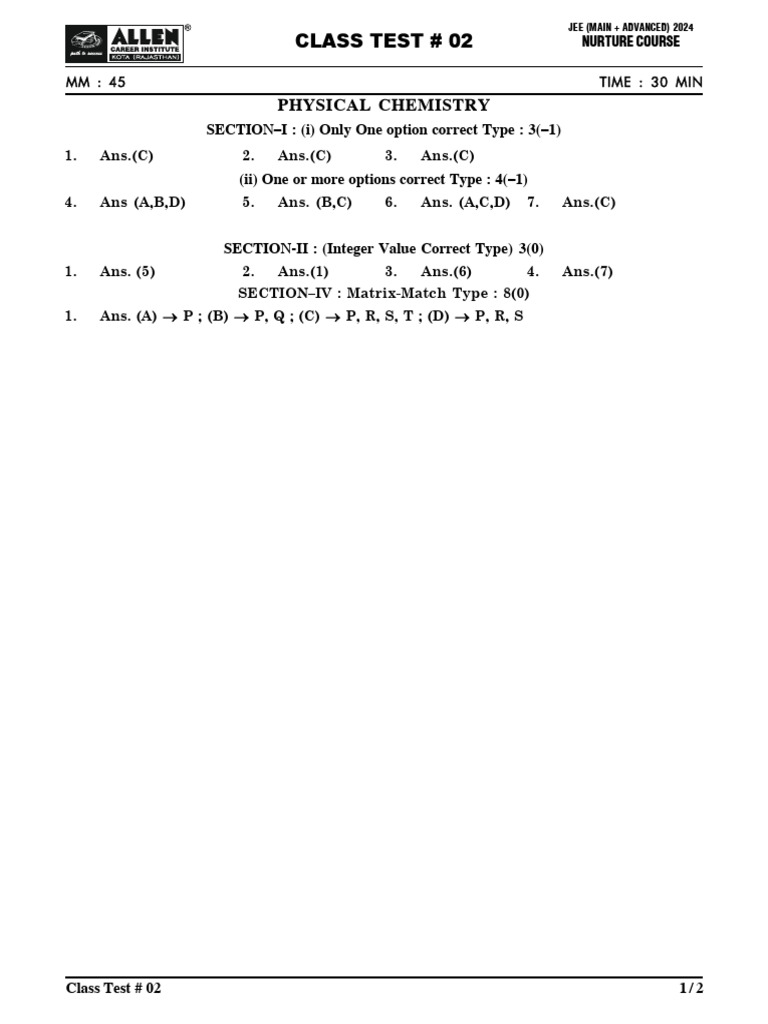 CLASS TEST-02-ANSKEY | PDF