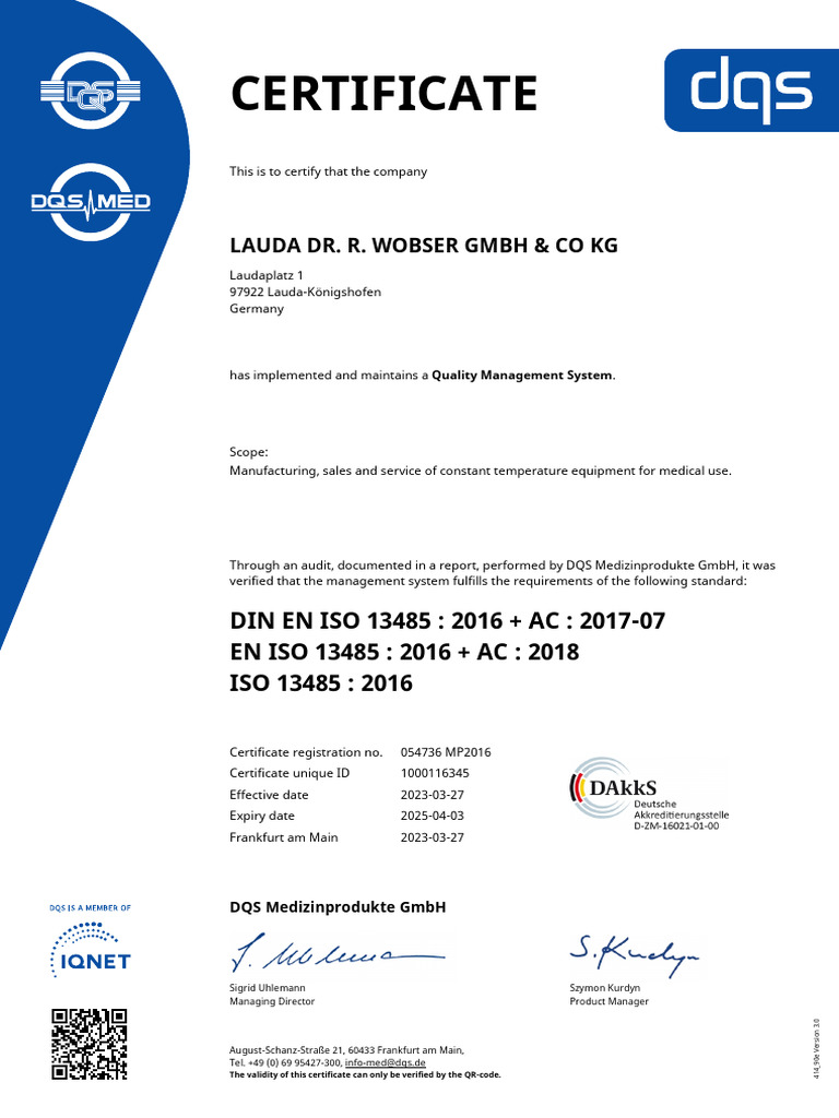 EN ISO13485 Certificate LAUDA | PDF