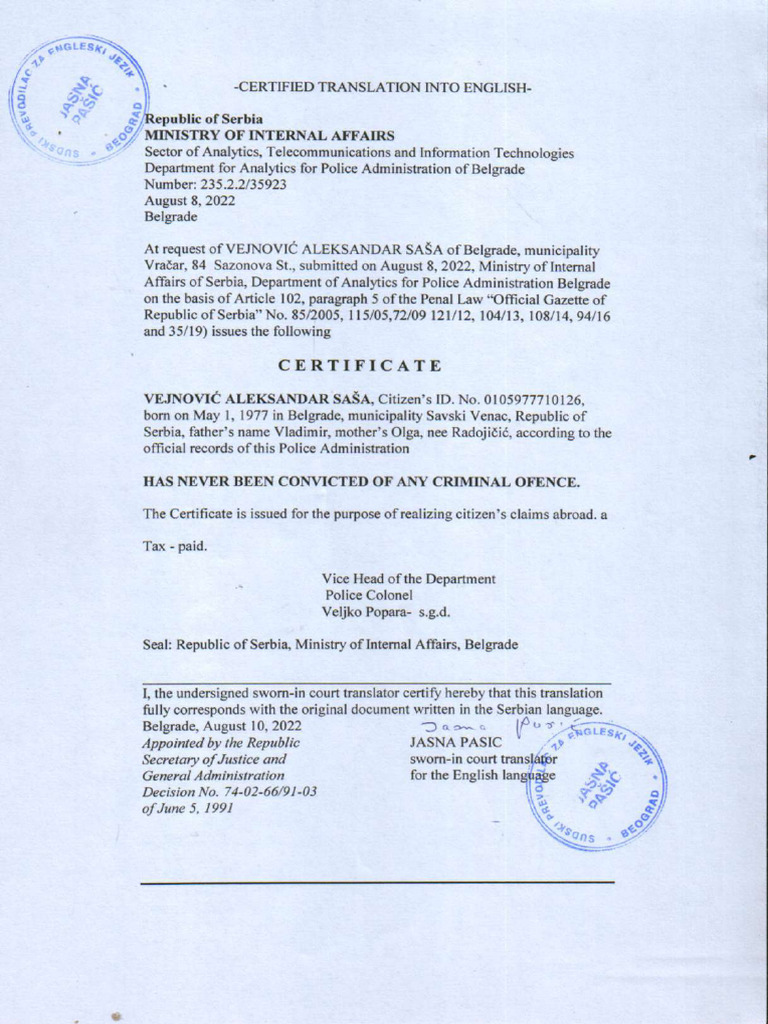 Police Check Certificate Aleksandar V | PDF
