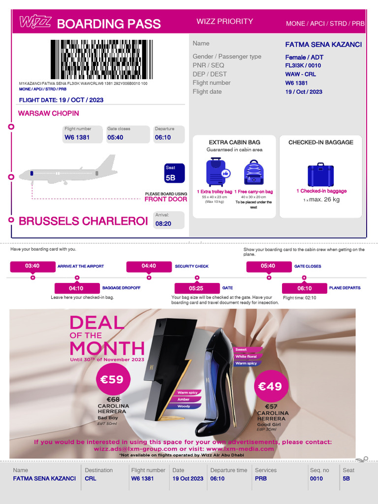 W6 1381 Boarding Pass for Fatma Kazanci | PDF | Airlines | Transport Safety