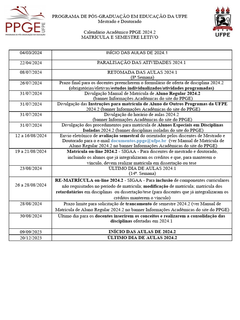 Calendario PPGE 2024.2 | PDF