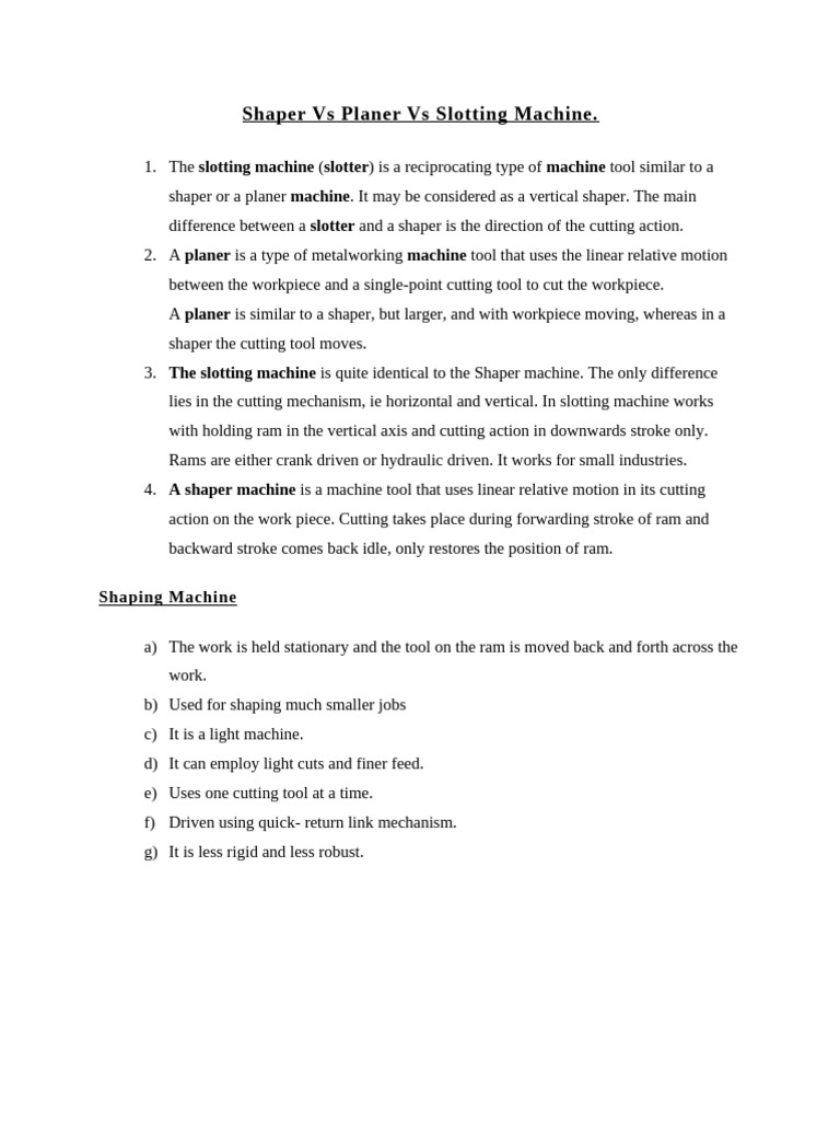 Shaper Vs Planer Vs Slotting Machine | PDF