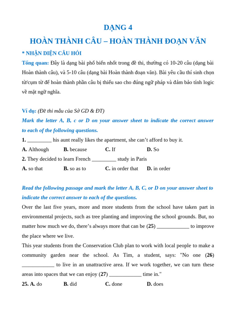 Dang 4 Hoan Thanh Cau Hoan Thanh Doan Van | PDF