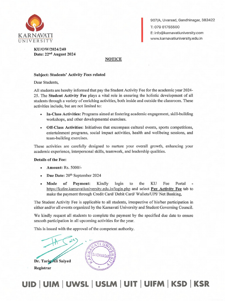 Notice - Student Activity Fees For The Year 2024-25 | PDF