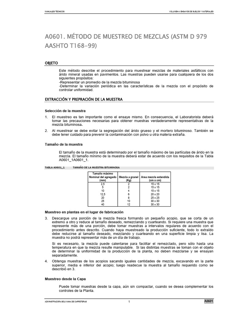 A0601. Método de Muestreo de Mezclas (Astm D 979 AASHTO T168-99) | PDF