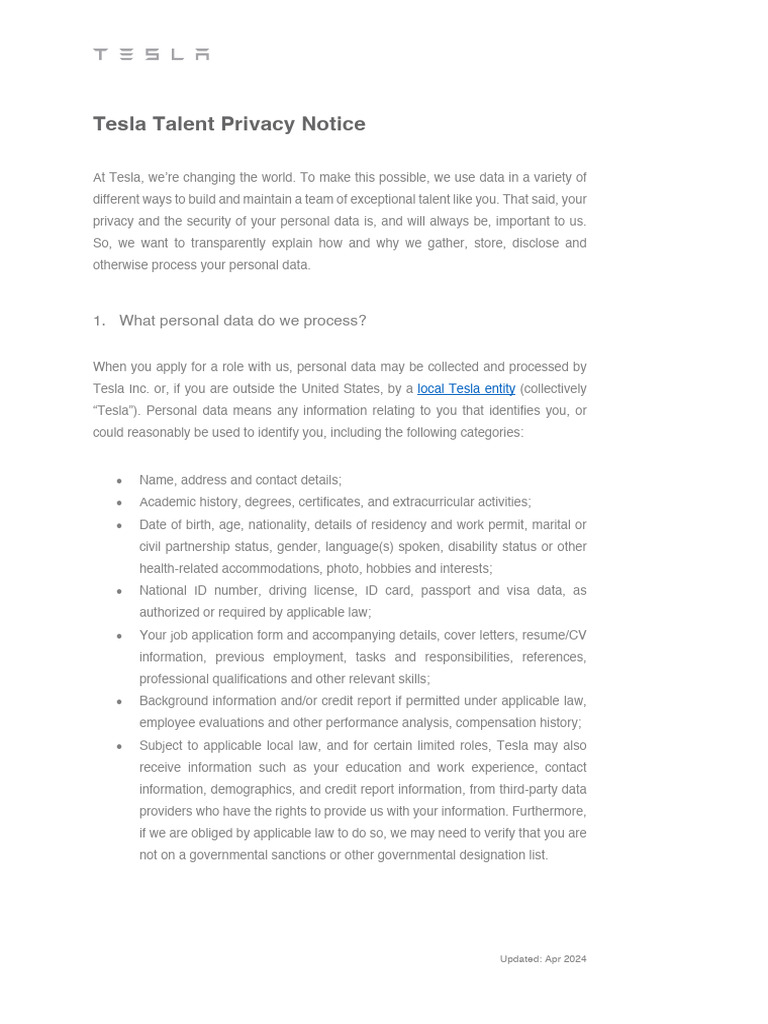 Global Tesla Talent Privacy Notice | PDF