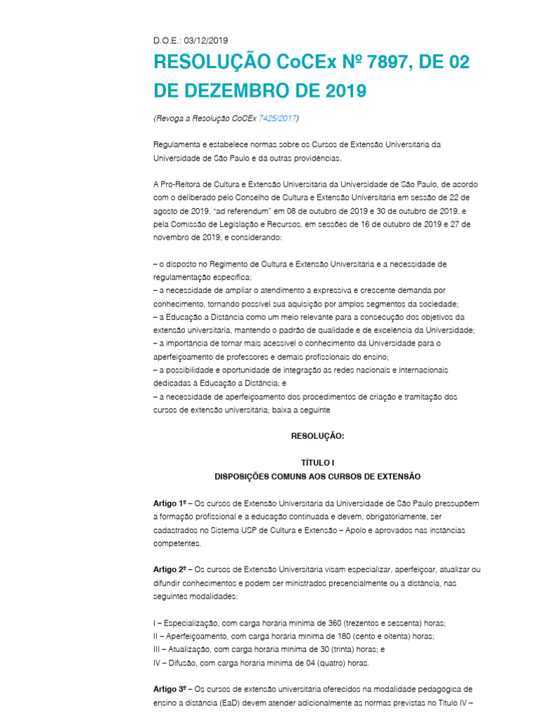 Resolucao Cocex 7897de02dedezembro2019normas Usp | PDF