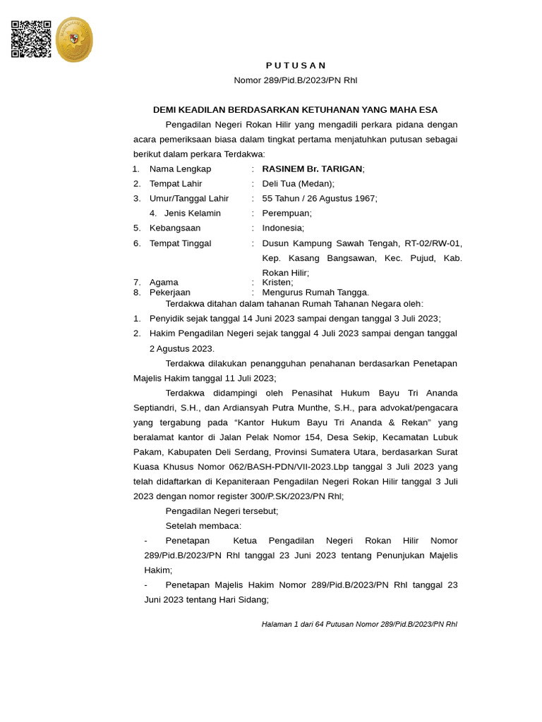 Putusan 289 Pid.b 2023 PN RHL 20240521202448 | PDF