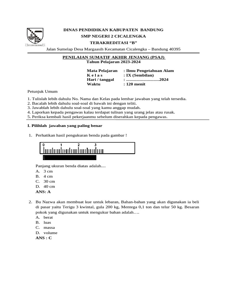 SOAL PSAJ IPA 2023-2024 N2C | PDF
