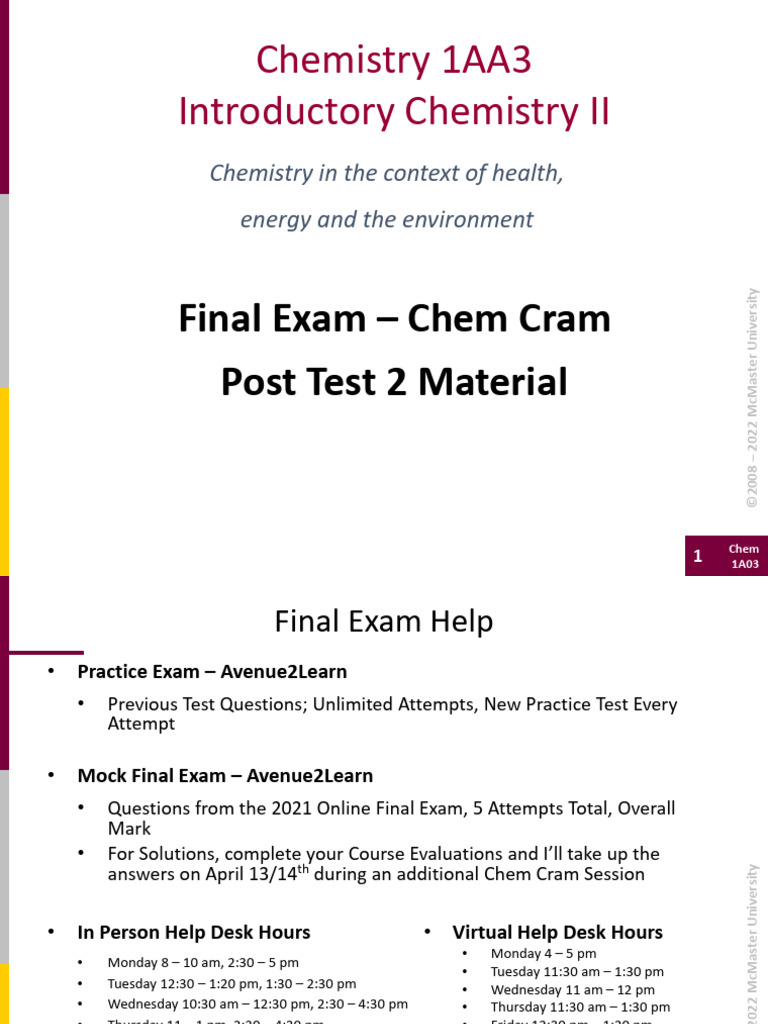 CHEM 1AA3 - Final Exam Chem Cram - Skeleton Notes | PDF