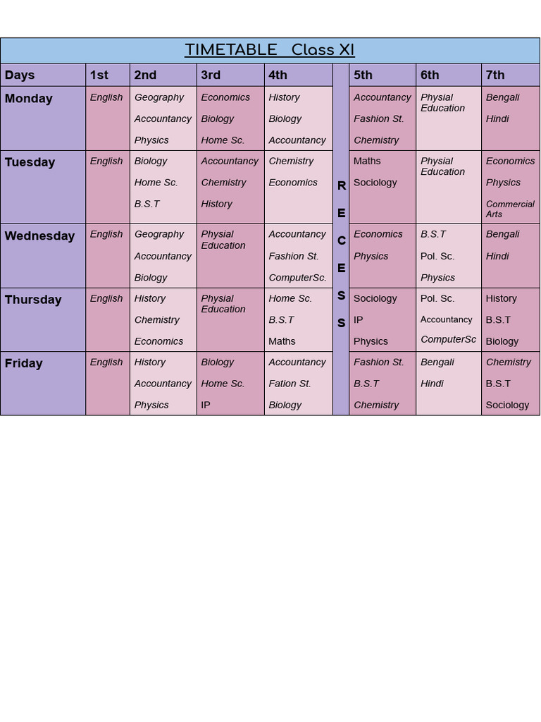 TIMETABLE Class XI | PDF