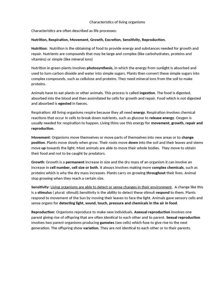 Characteristics of Living Organisms 2 | PDF