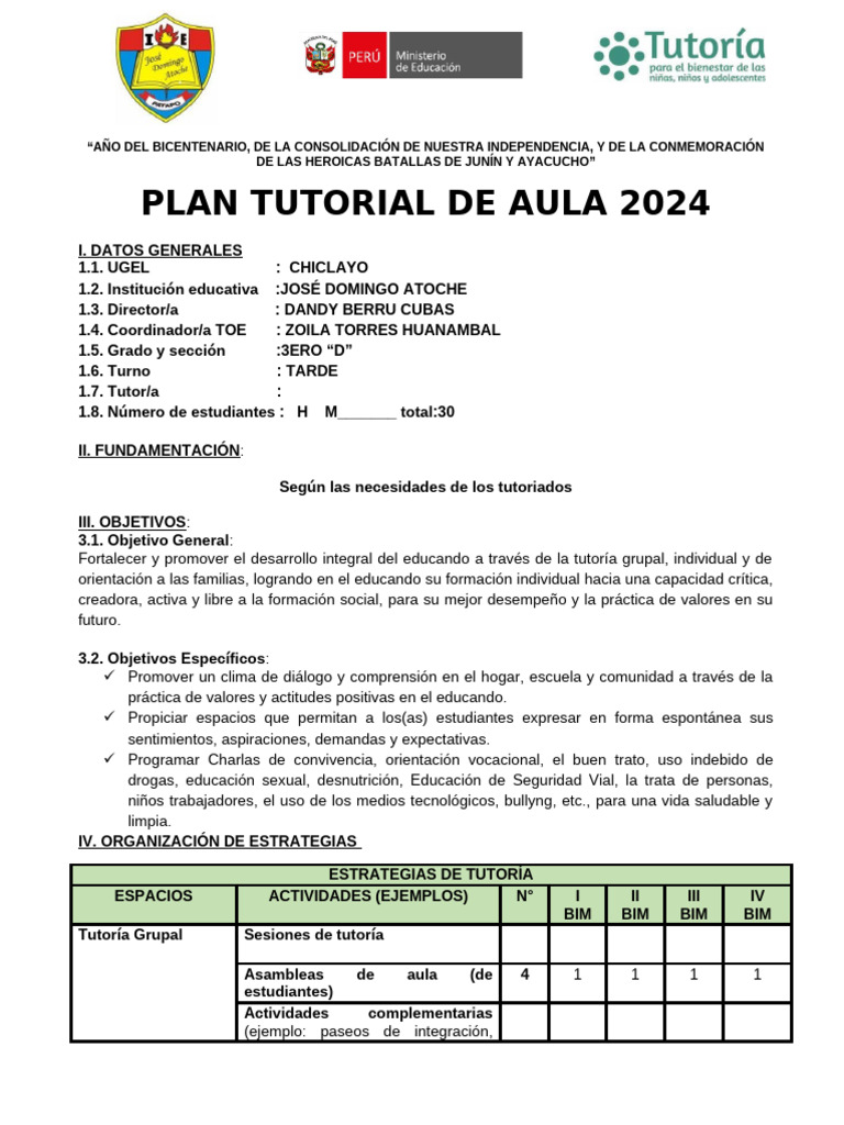 Plan Tutorial 2024: Tutoría Escolar Integral | PDF