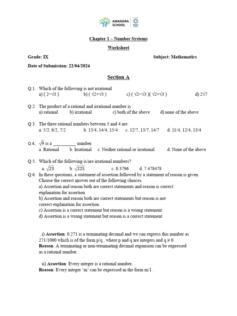 Ch-1 - Worksheet Number System | PDF