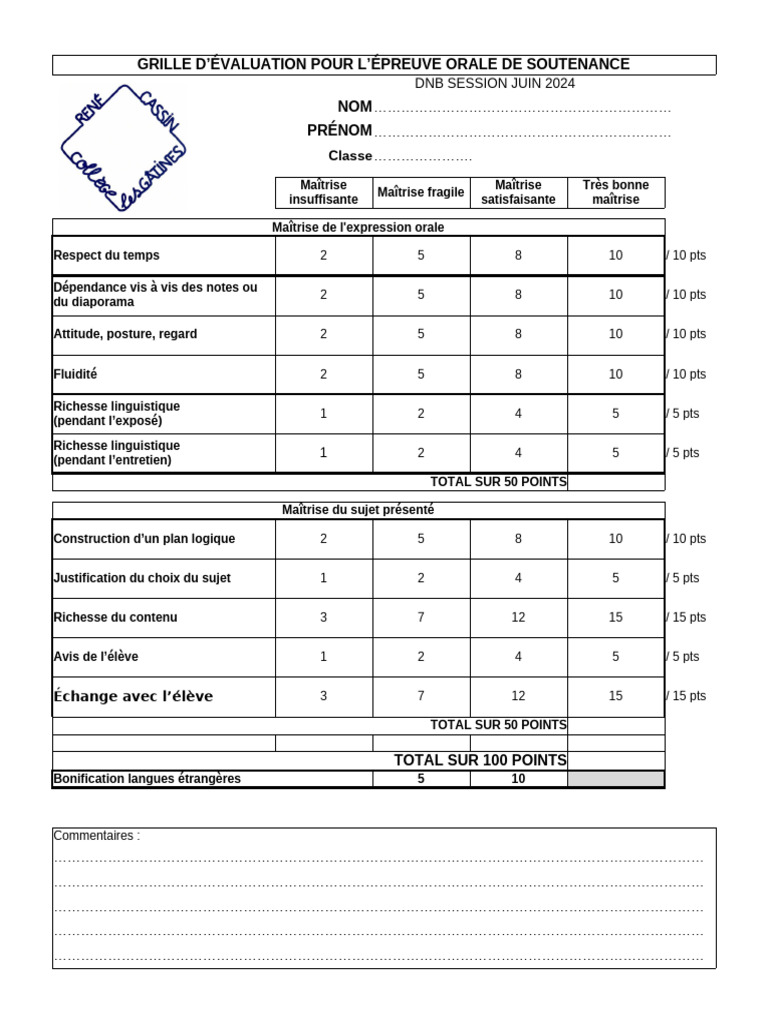 Grilles Eval Oral DNB 2024 | PDF
