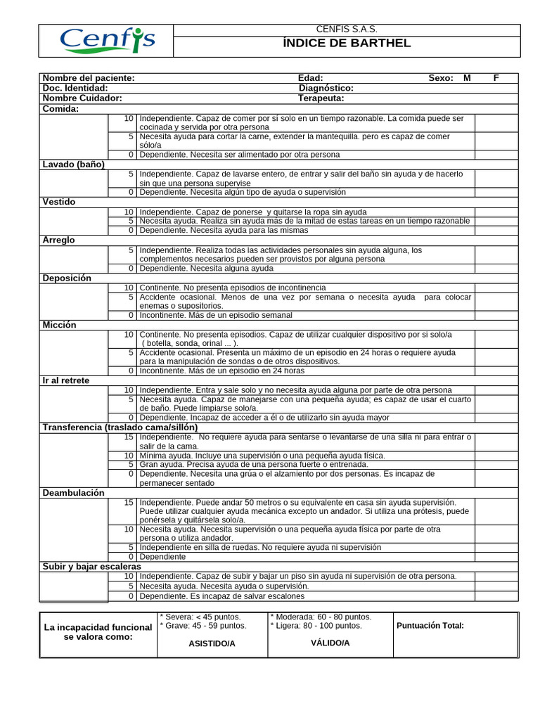 Evaluación Funcional Índice Barthel | PDF | Relaciones personales ...