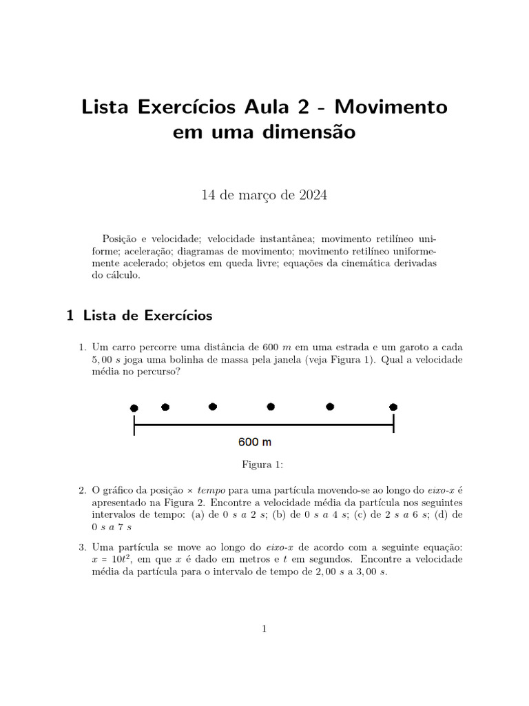 Exercícios Aula 2 Movimento em Uma Dimensão | PDF