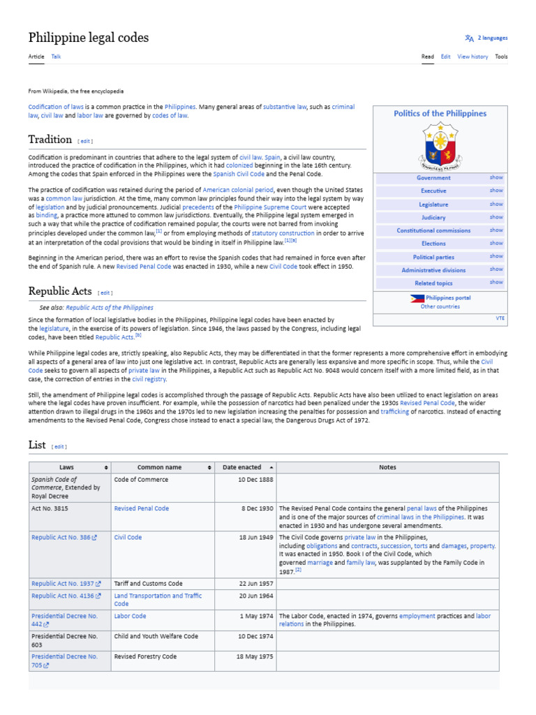 Philippine Legal Codes - Wikipedia | PDF