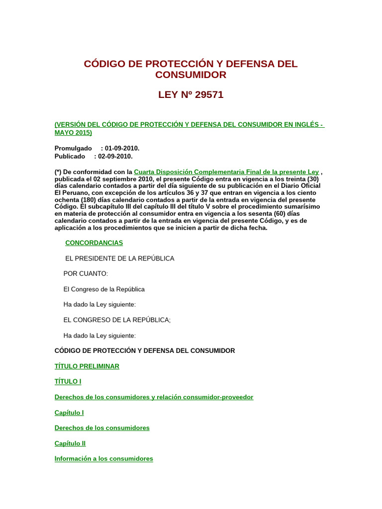 Codigo de Protección y Defensa Del Consumidor | PDF
