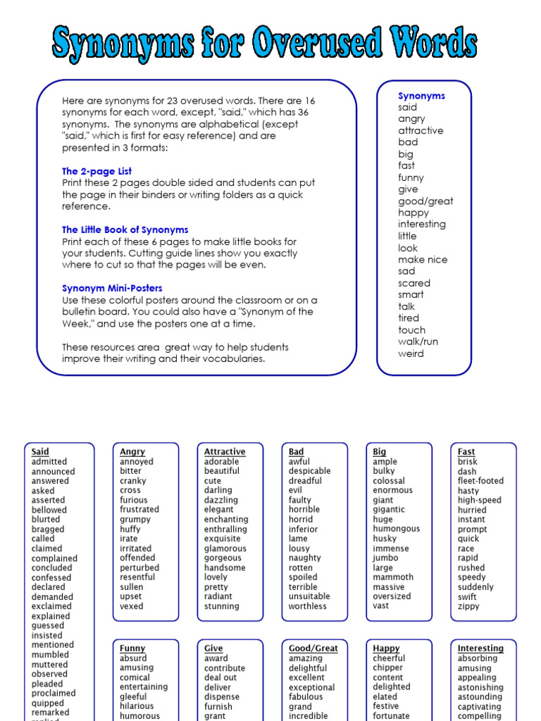 Synonyms For 23 Overused Words 3 Formats For Easy Reference Preview | PDF
