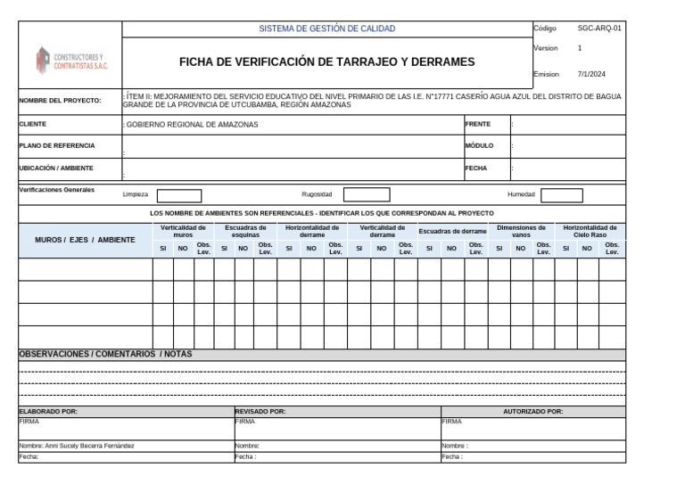 Ficha de Verifi de Tarrajeo y Derrames | PDF