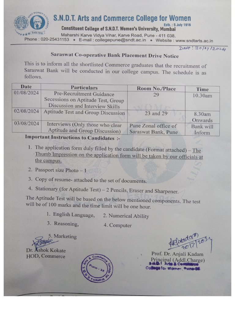Saraswat Bank Placement Drive Notice | PDF