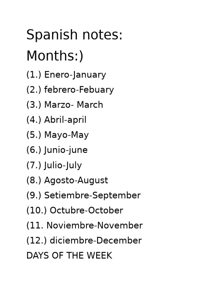 Spanish Notes: Months:) | PDF
