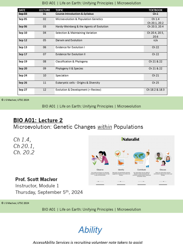 BIOA01 Lect02 Microevolution F2024 Final | PDF
