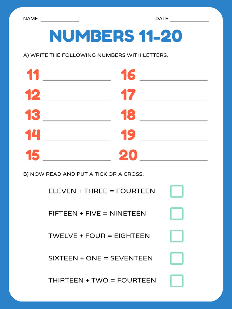 Multicolour Simple Primary School Numbers 11 To 20 Worksheet - 20240902 ...