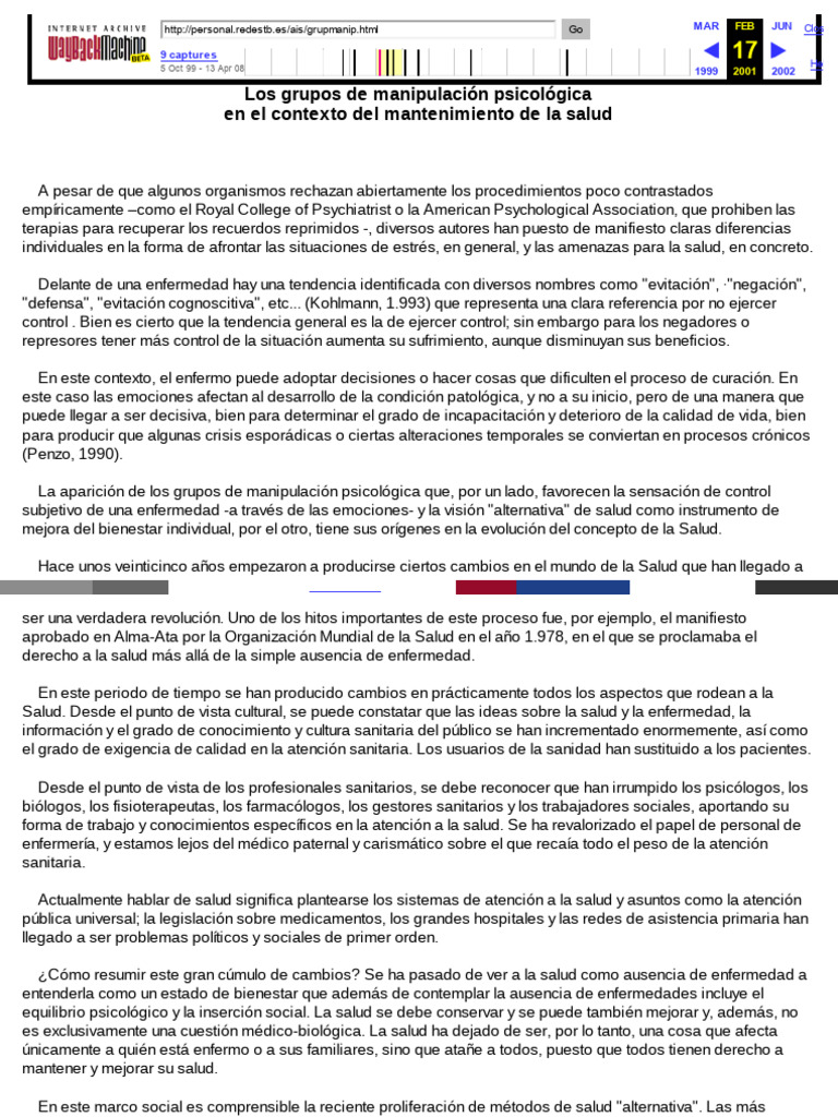Los Grupos de Manipulación Psicológica en El Contexto Del Mantenimiento de La Salud | PDF
