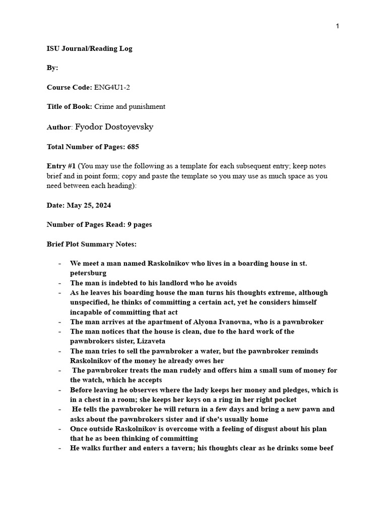 ISU Journal - Reading Log Template | PDF | Crime And Punishment