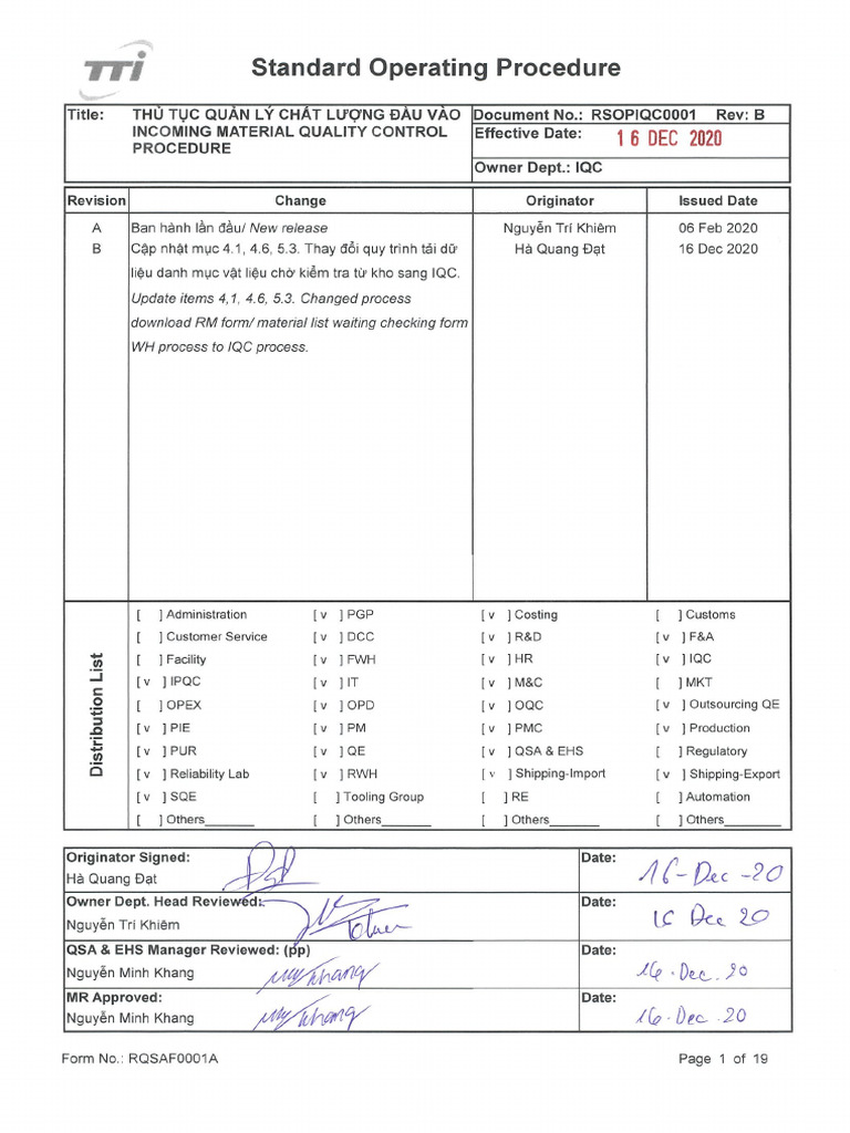 RSOPIQC0001B-Incoming Material Quality Control Procedure | PDF