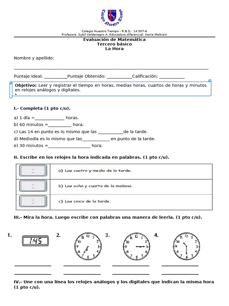 Prueba La Hora 3° - IMPRIMIR | PDF
