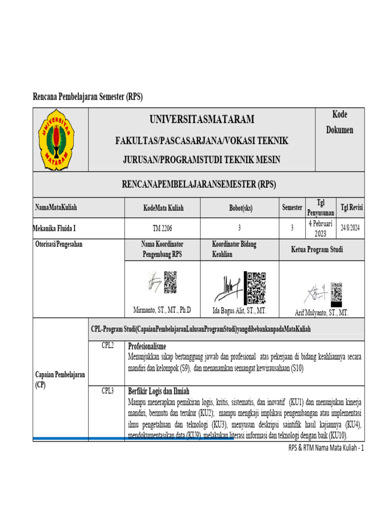 RPS Mekanika Fluida I-2024 | PDF